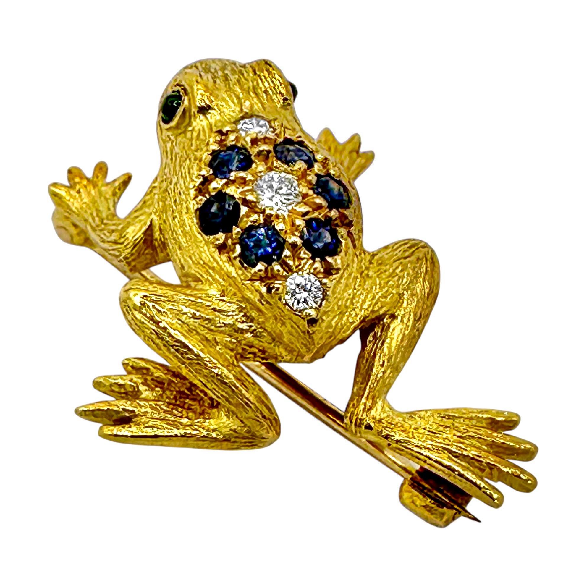 Vintage 18K Yellow Gold Frog Pin w/Diamonds, Sapphires and Emeralds by ...