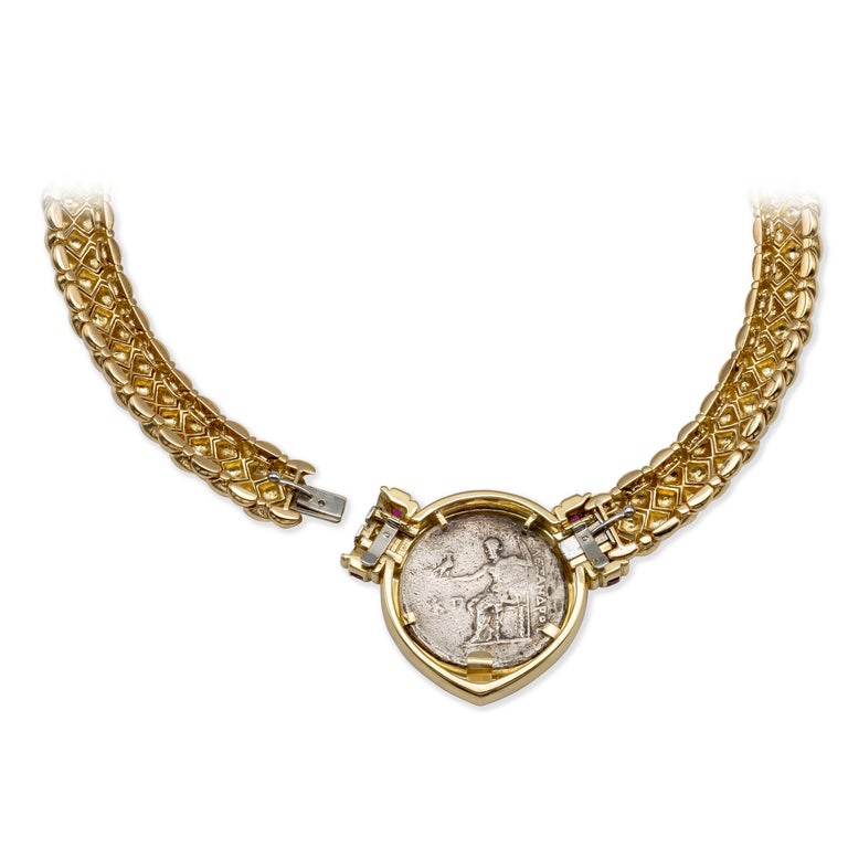 Vintage 18K Yellow Gold Italian Made Coin Collar Necklace For Sale at ...
