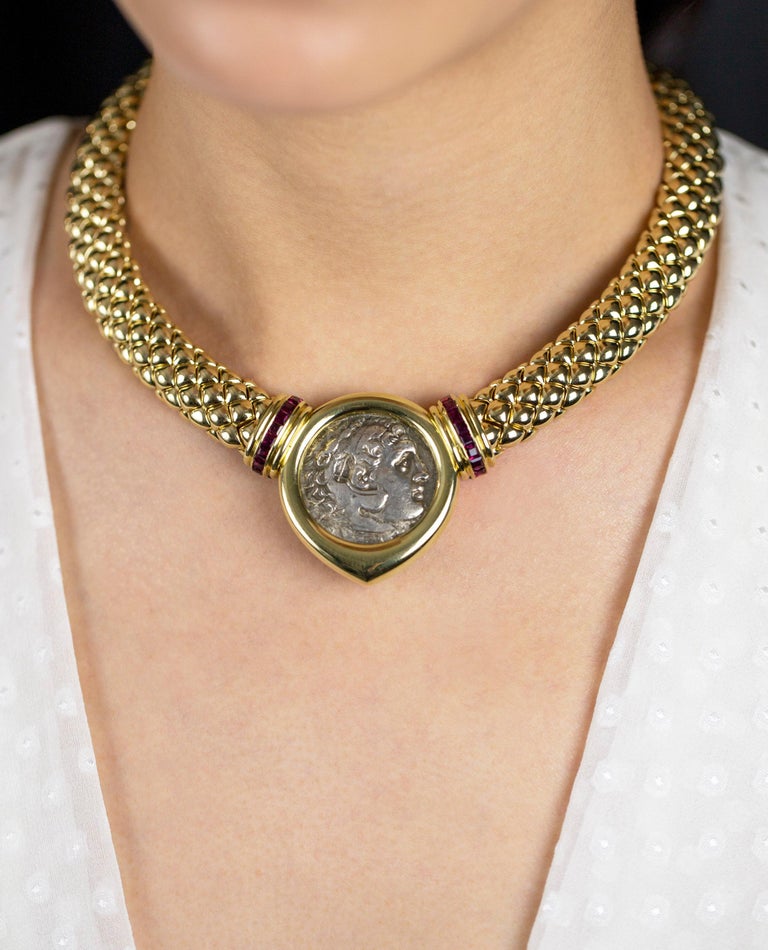 Vintage 18K Yellow Gold Italian Made Coin Collar Necklace For Sale at ...