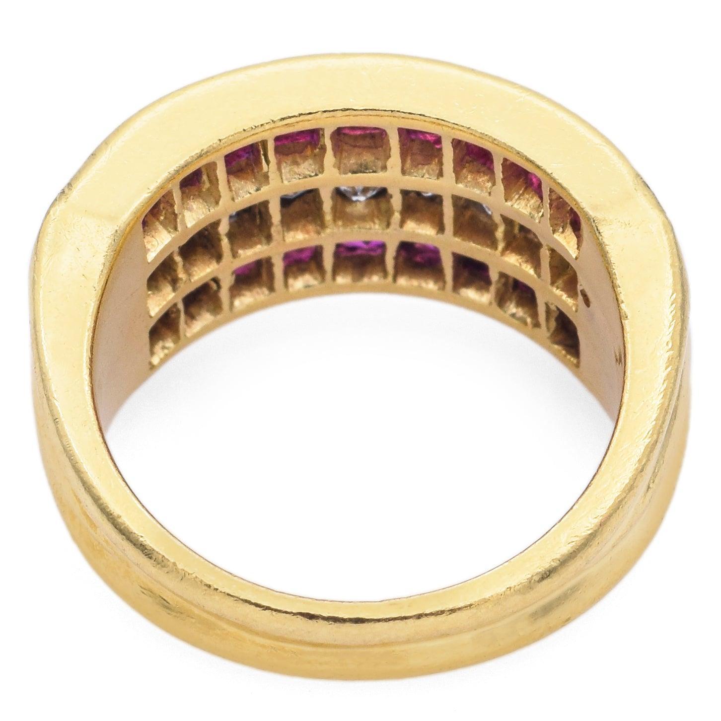 Vintage 18k Yellow Gold Princess Cut Ruby and Diamond 3 Row Band Ring ...
