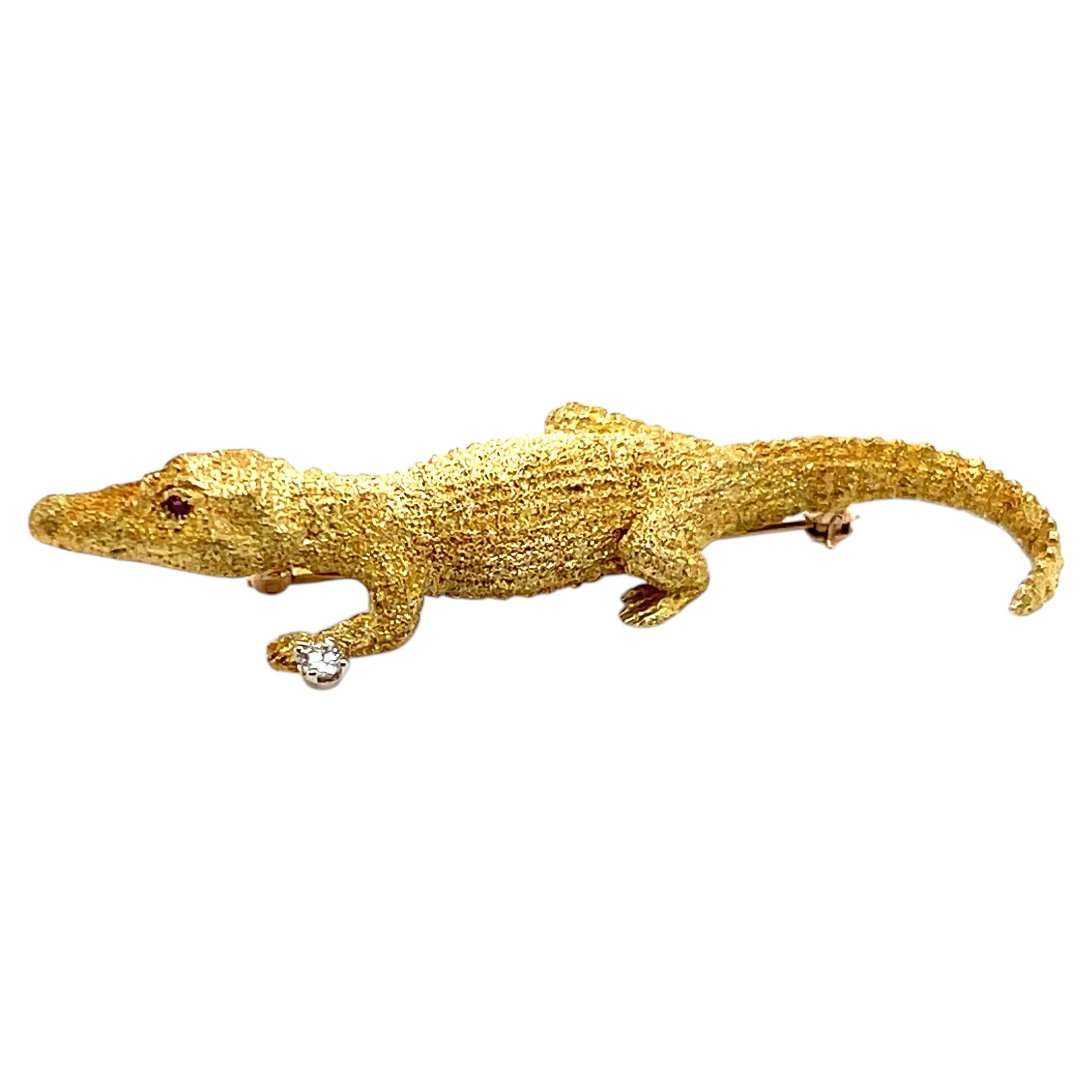 Vintage 18k Yellow Gold Ruby Diamond Alligator Brooch 1970s For Sale at ...
