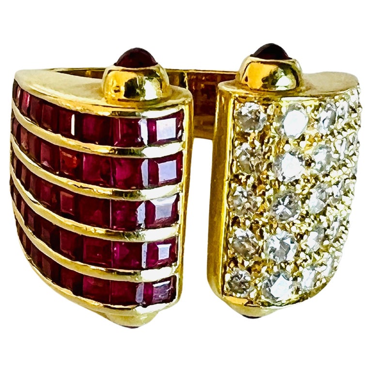18k Yellow Gold Channel Set Cabochon Ruby Pave Diamond Retro Split ...