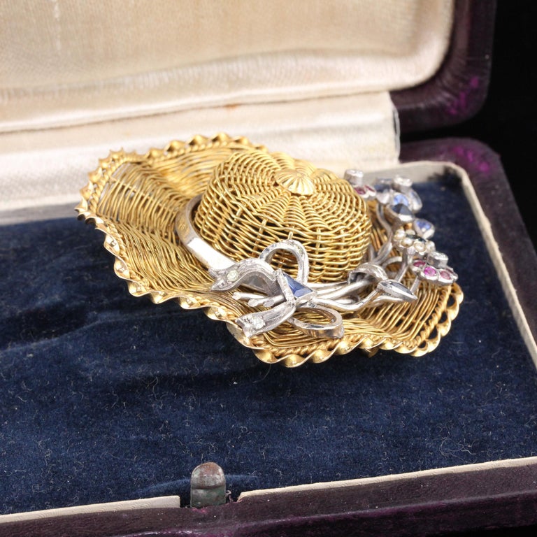 Vintage 18 Karat Yellow Gold and Silver Garden Party Hat Brooch at 1stDibs