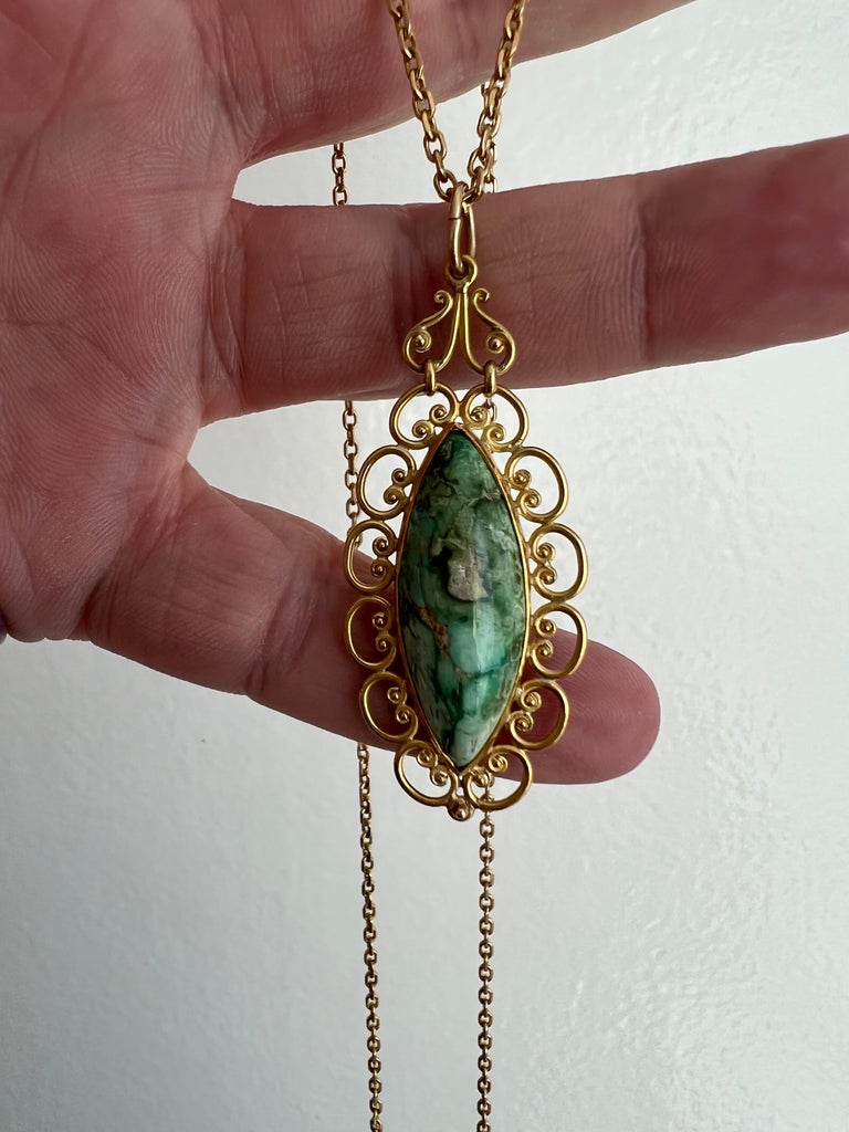 Vintage 18K Yellow Gold Turquoise Pendant and Long Chain For Sale at ...