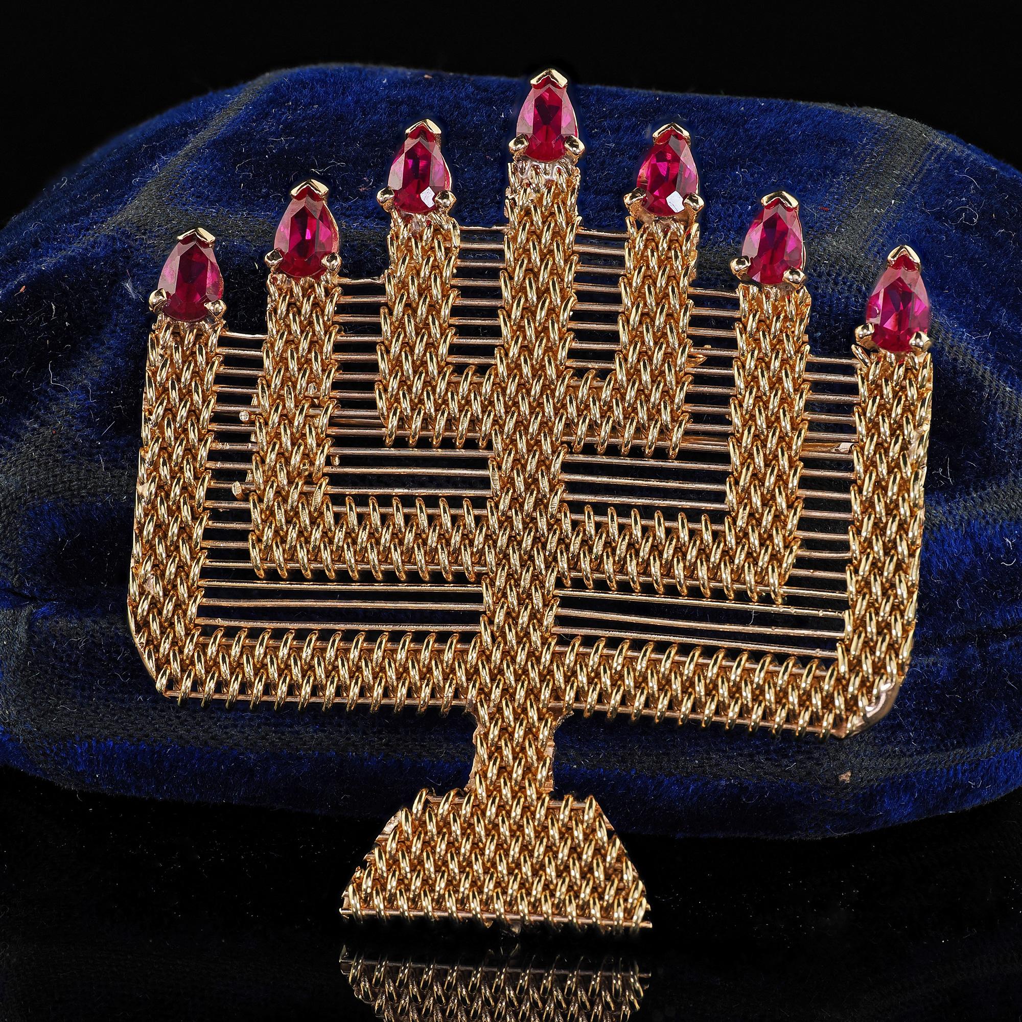 Vintage 18K Yellow Gold Weaved Menorah Ruby Pin and Pendant For Sale at ...