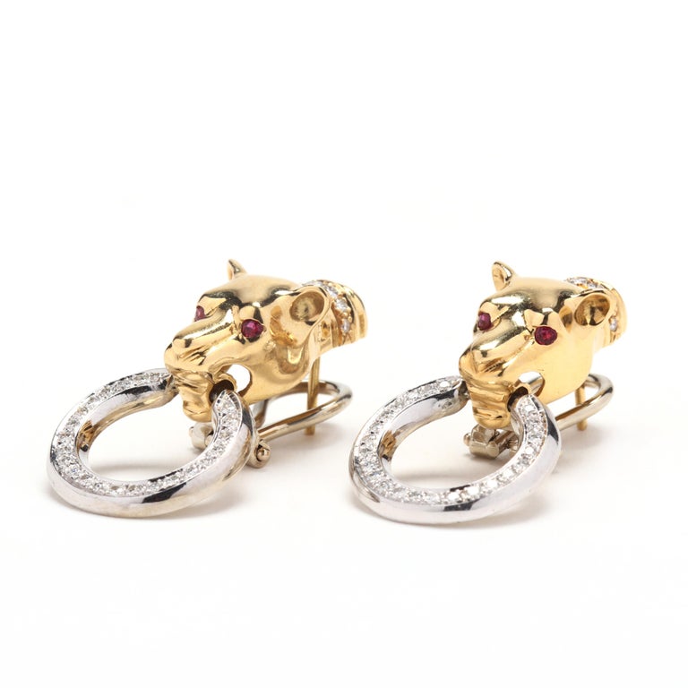 Vintage 18 Karat Bi-Color Gold Diamond and Ruby Panther Earrings For ...