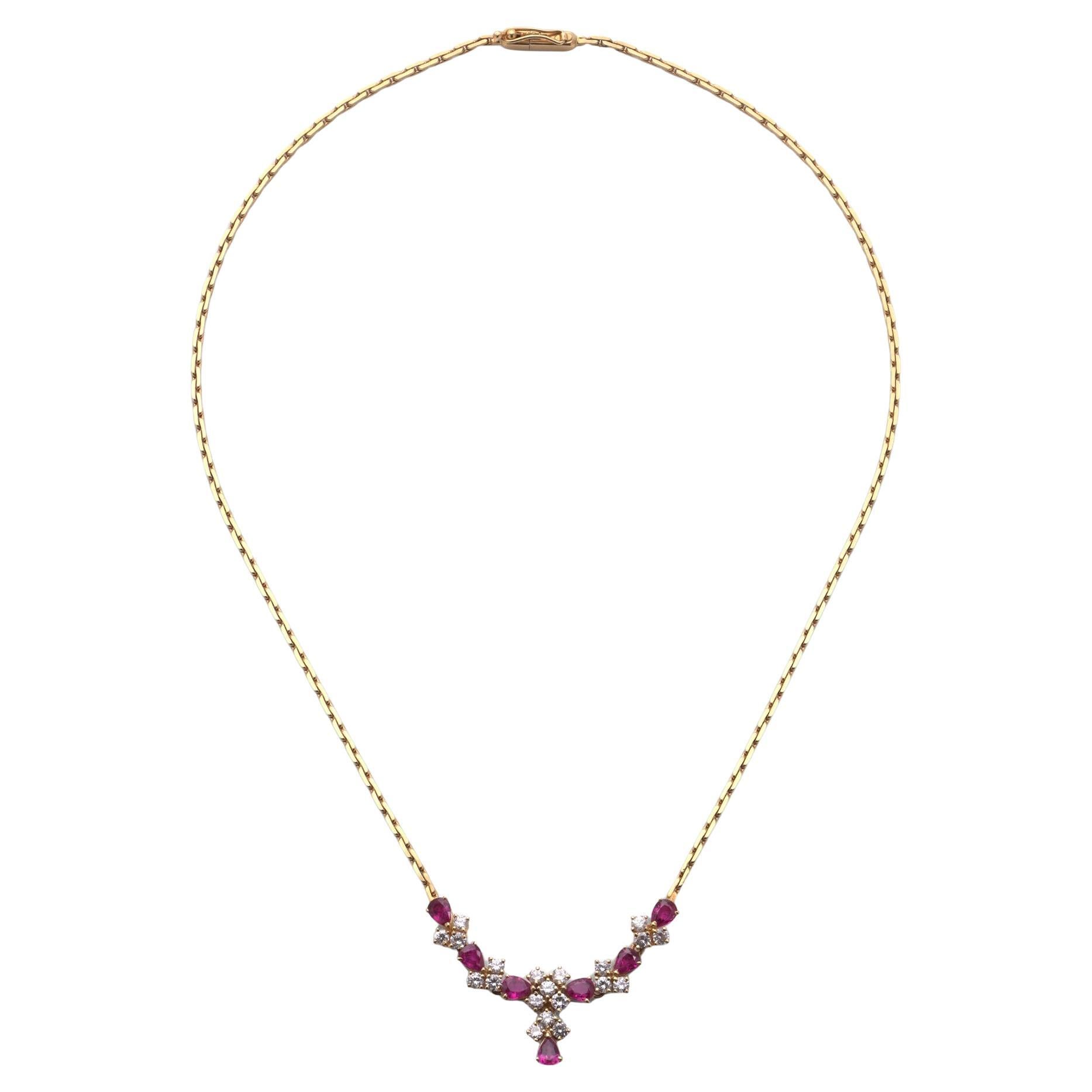 Vintage 18K Gold Ruby Diamonds Necklace For Sale at 1stDibs