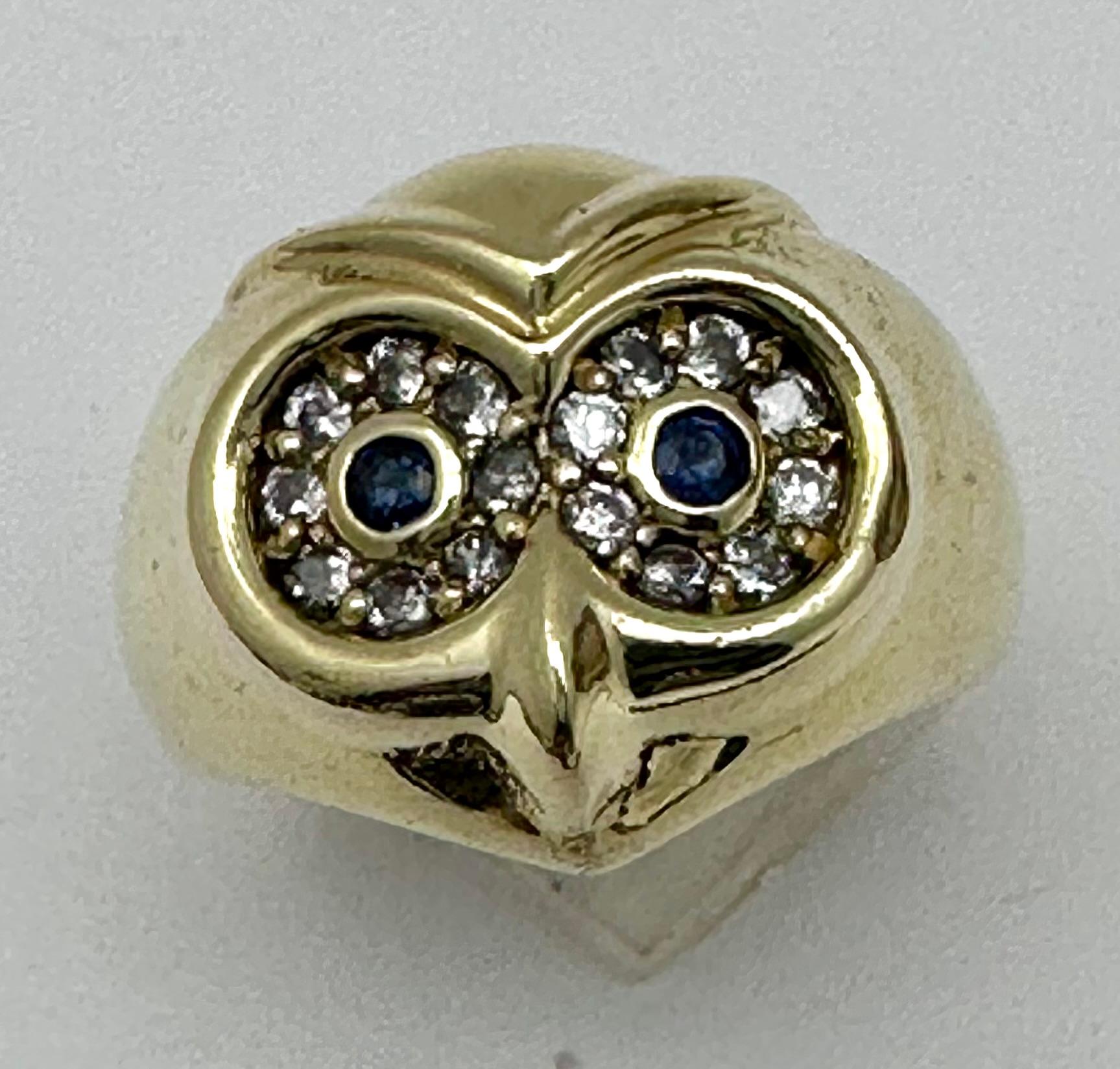 Vintage 18kt Yellow Gold 16mm Wide Sapphire Diamond OWL Ring Size 6 1/4 ...