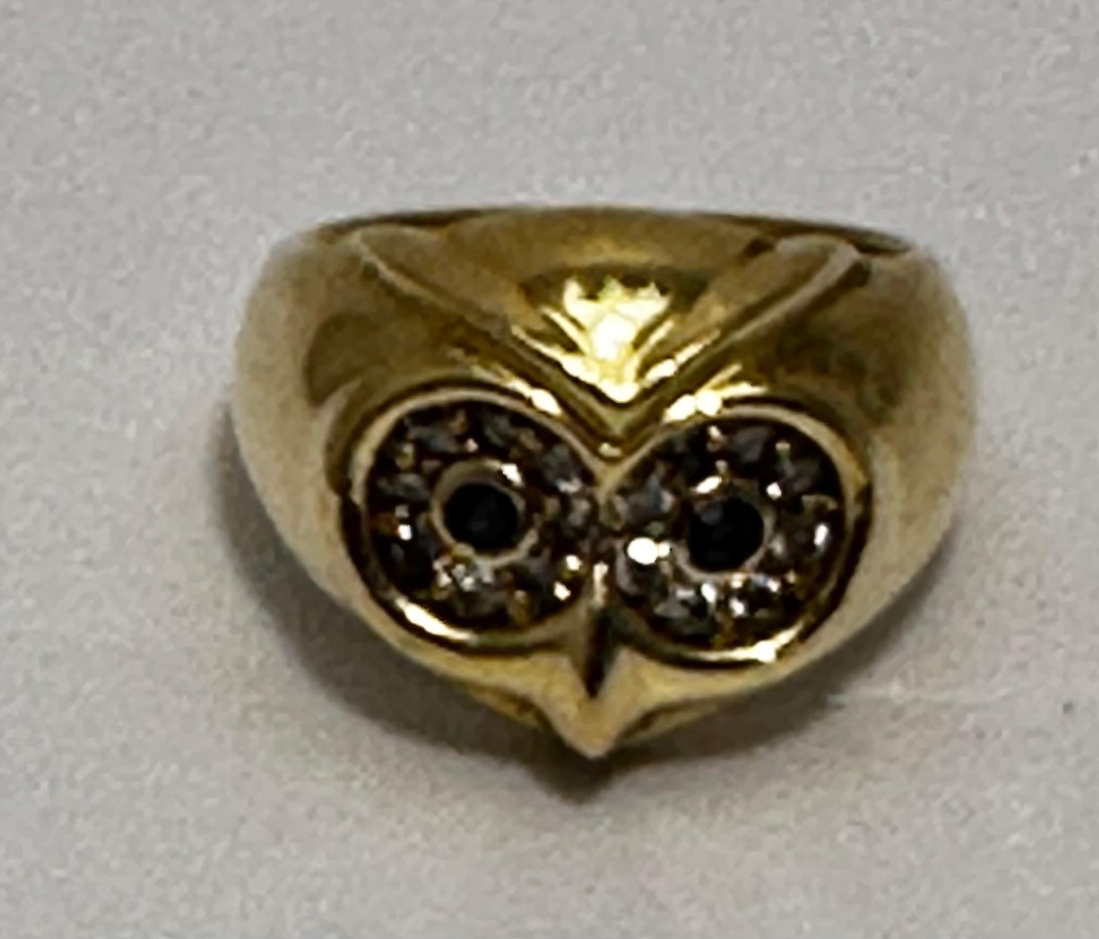Vintage 18kt Yellow Gold 16mm Wide Sapphire Diamond OWL Ring Size 6 1/4 ...