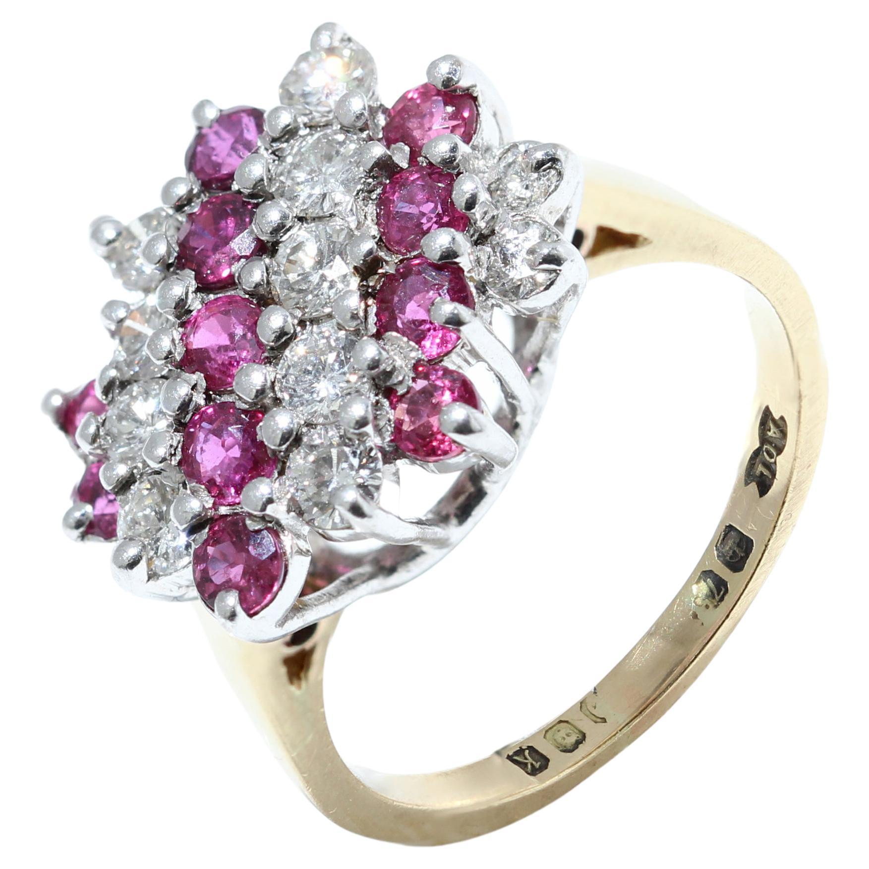 Antique Victorian Diamond Ruby 14 Karat Rose Gold Cluster Ring For Sale at 1stDibs