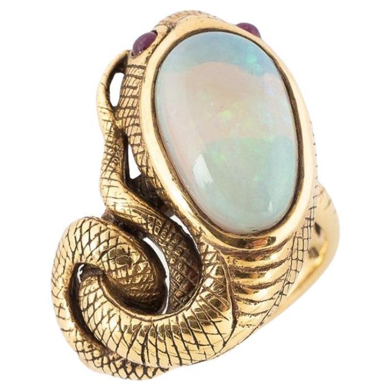 Vintage 18 Karat Yellow Gold Opal and Ruby Snake Ring For Sale at 1stDibs
