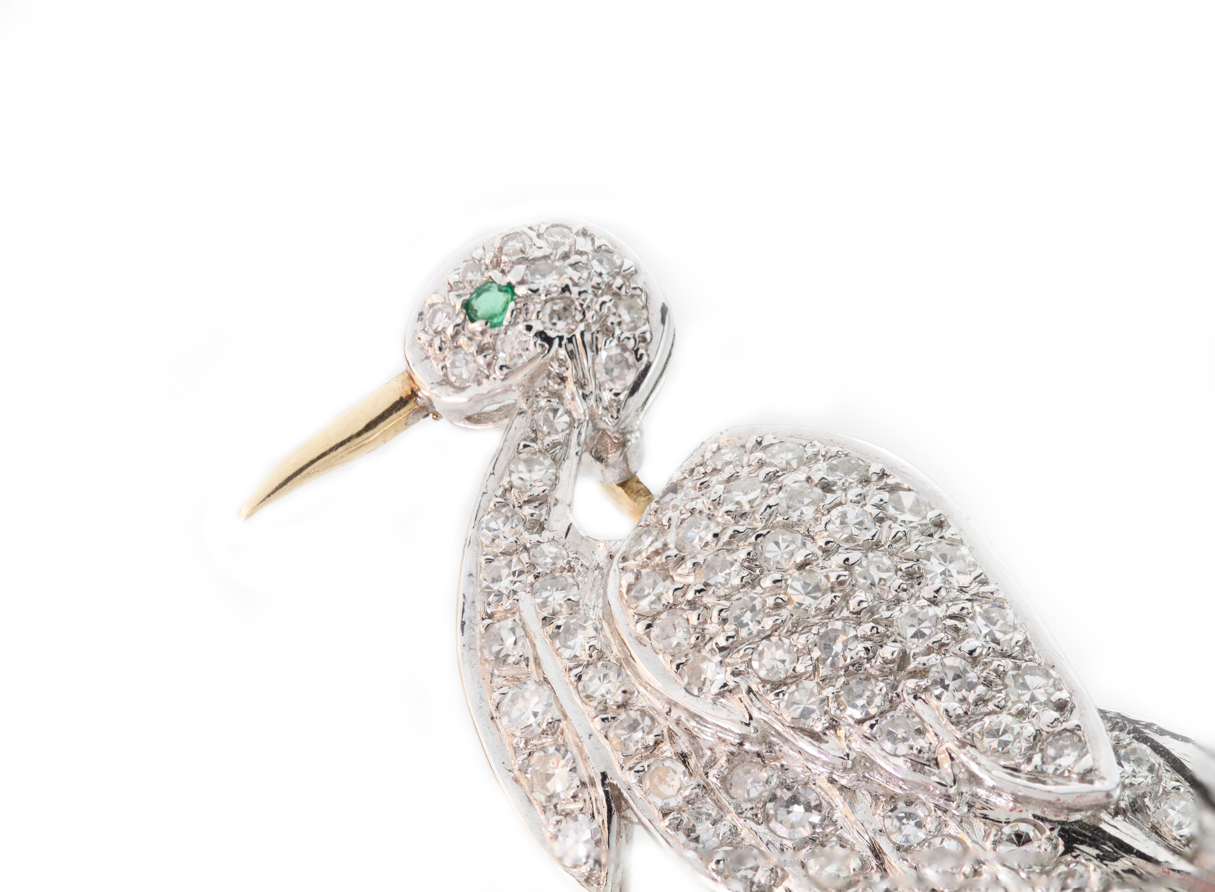 Vintage 18 Karat Yellow Gold Stork Brooch with Diamonds For Sale at 1stDibs