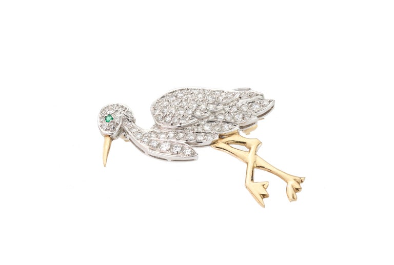 Vintage 18 Karat Yellow Gold Stork Brooch with Diamonds For Sale at 1stDibs