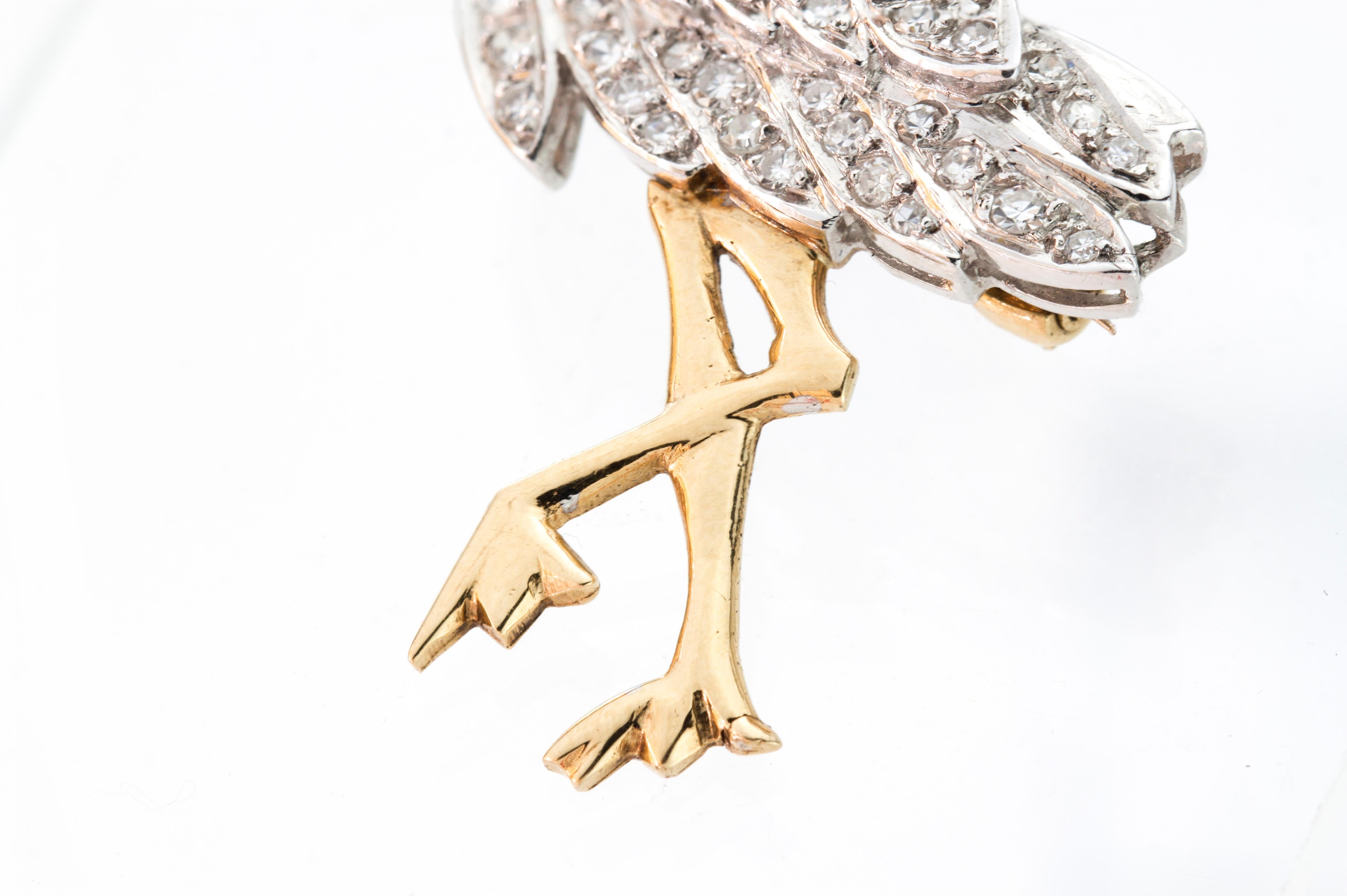 Vintage 18 Karat Yellow Gold Stork Brooch with Diamonds For Sale at 1stDibs