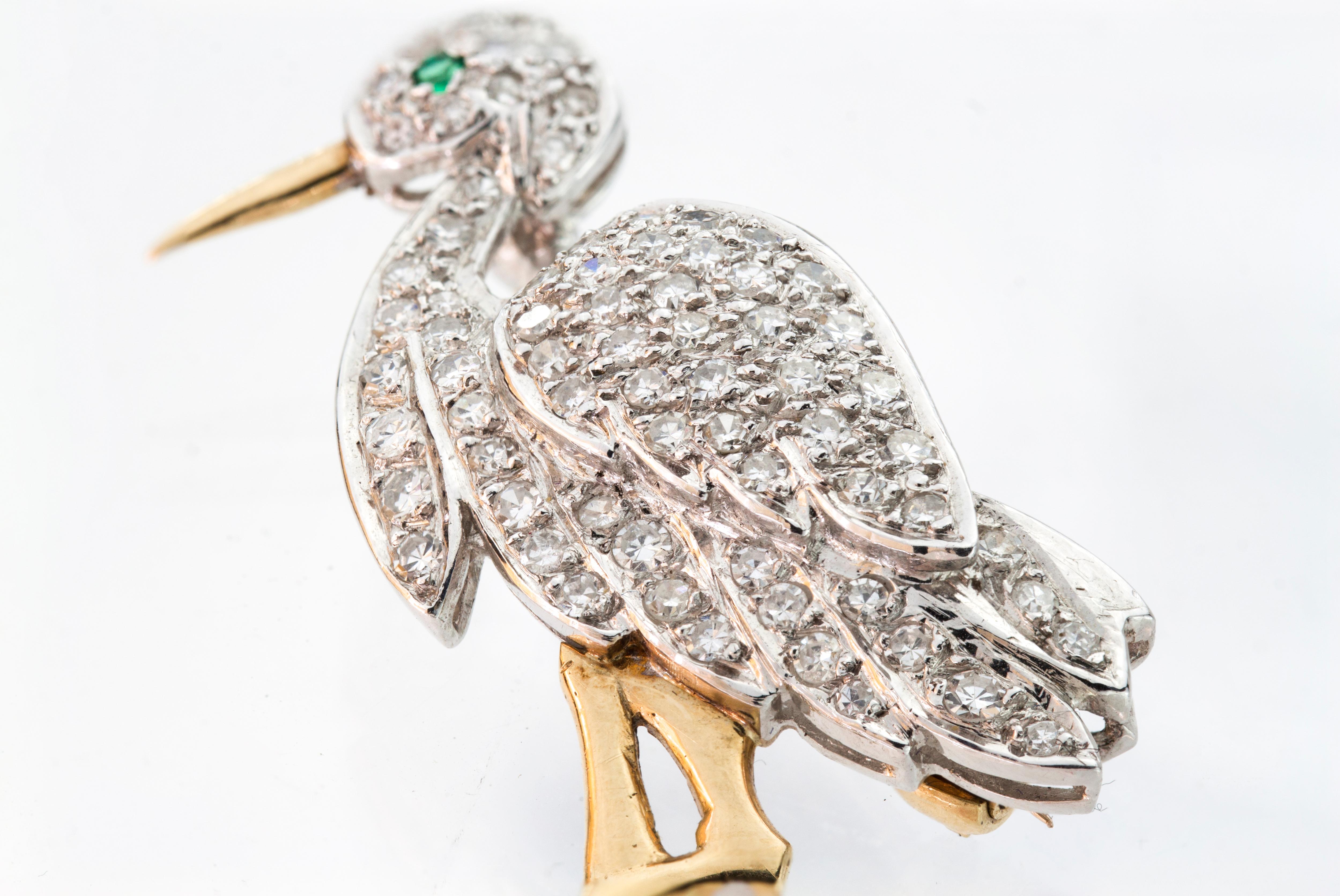Vintage 18 Karat Yellow Gold Stork Brooch with Diamonds For Sale at 1stDibs