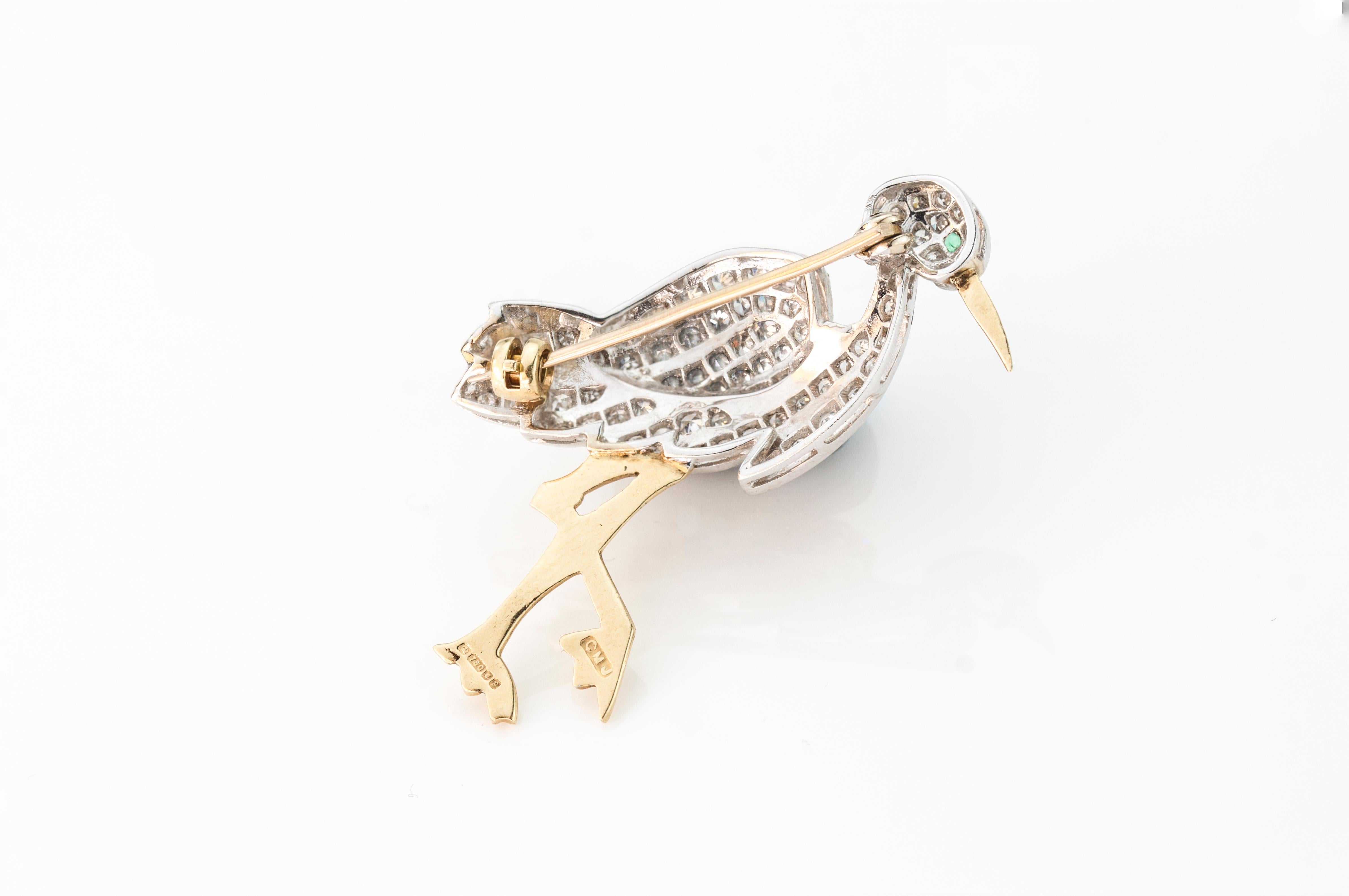 Vintage 18 Karat Yellow Gold Stork Brooch with Diamonds For Sale at 1stDibs