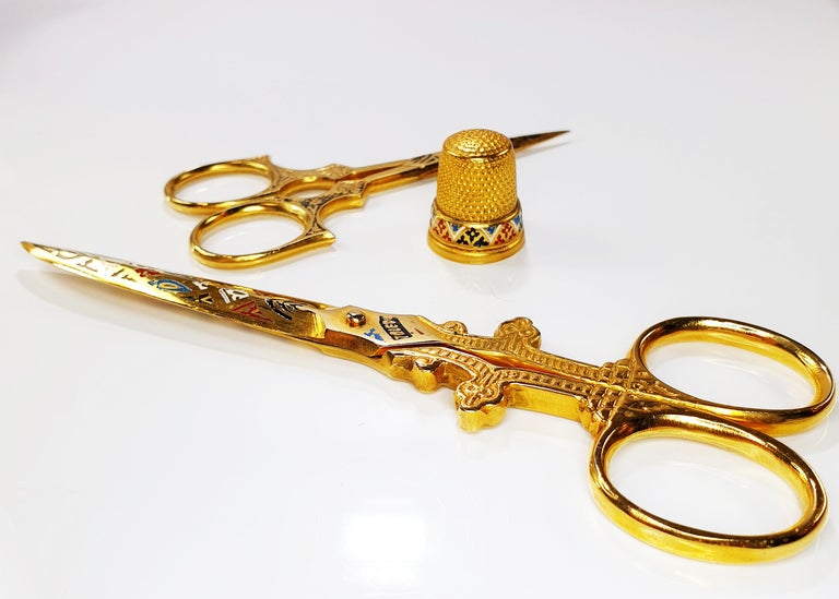 Vintage 1900s Sewing Kit Scissors and Thimble Gold Gilt and Damascene ...