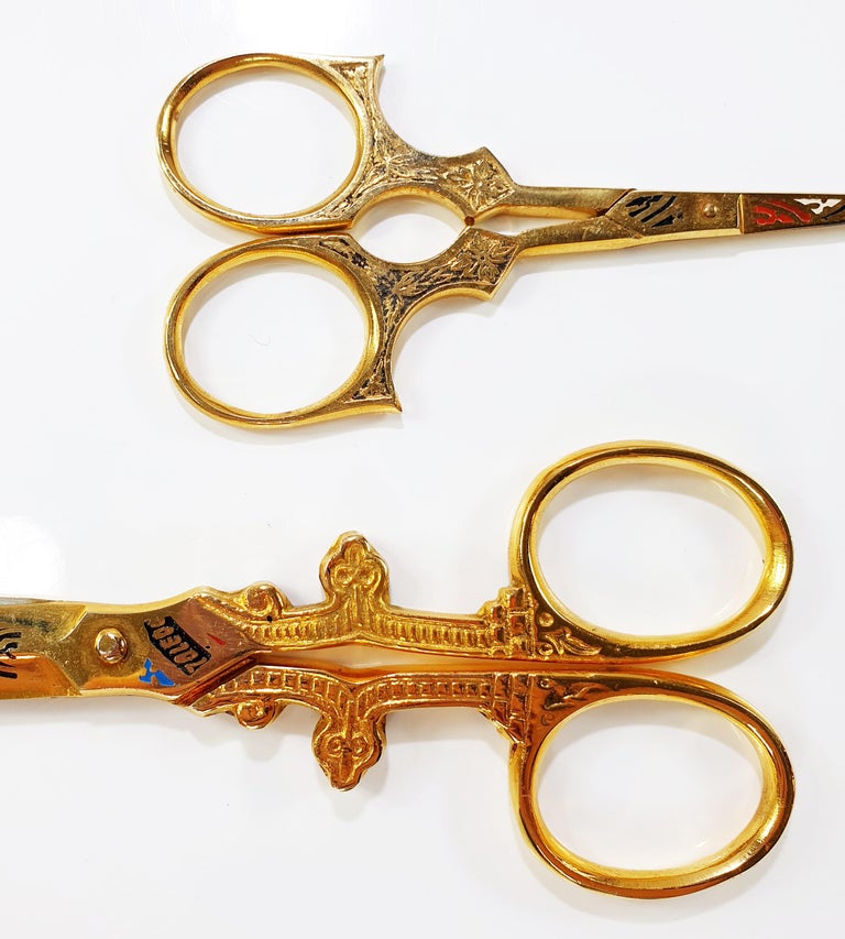 Vintage 1900s Sewing Kit Scissors and Thimble Gold Gilt and Damascene ...