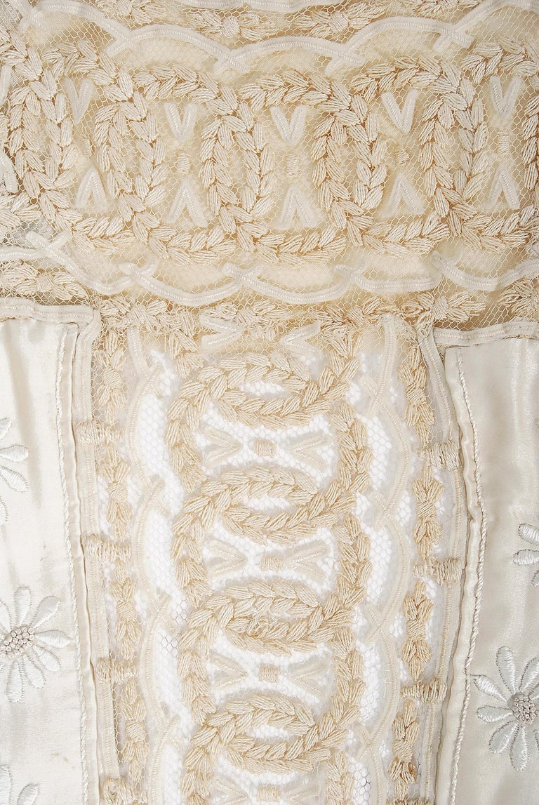 Vintage 1910s Ivory Crème Embroidered Net-Lace and Silk Satin Trained ...
