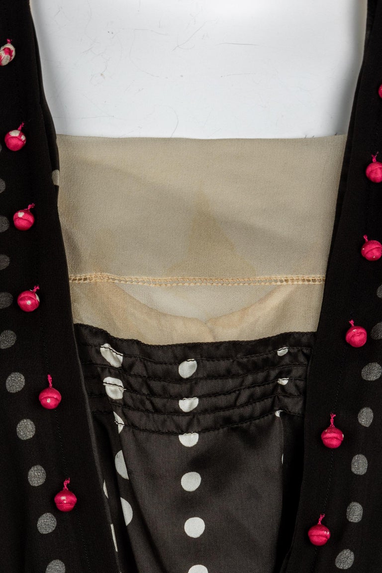 Vintage 1920s Black White Silk Dot Magenta Pom Pom Draped Dress For ...
