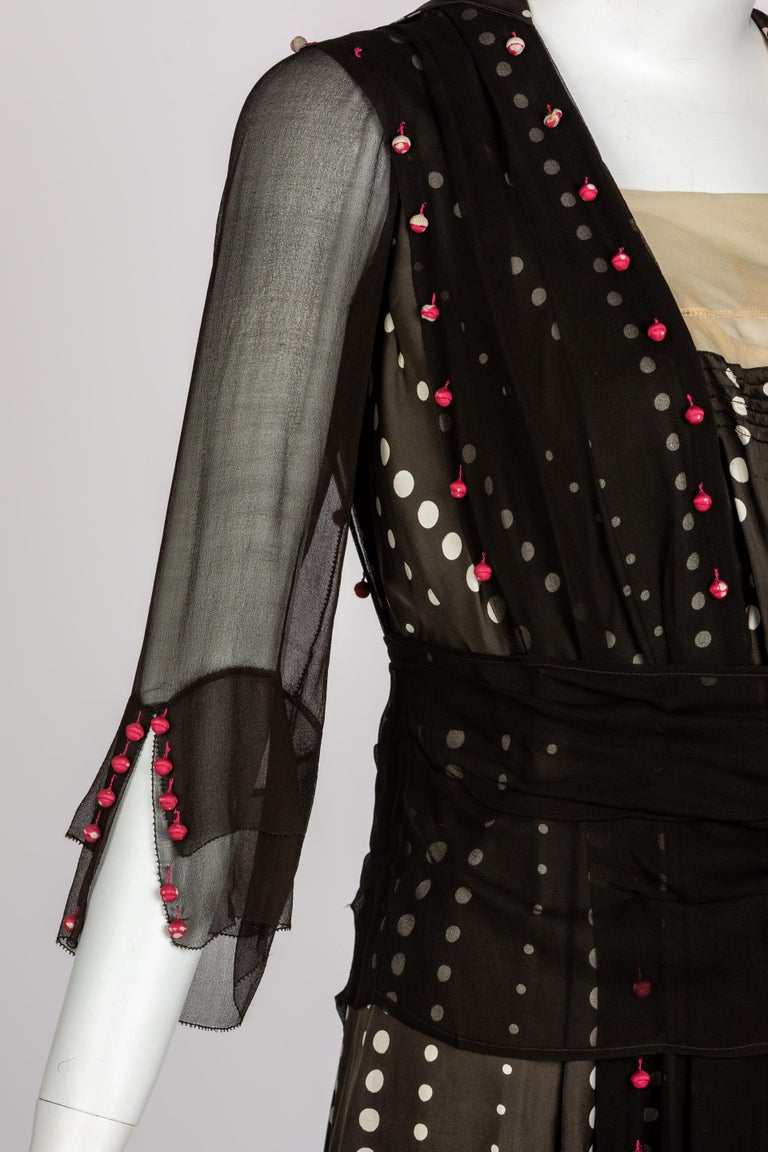 Vintage 1920s Black White Silk Dot Magenta Pom Pom Draped Dress For ...