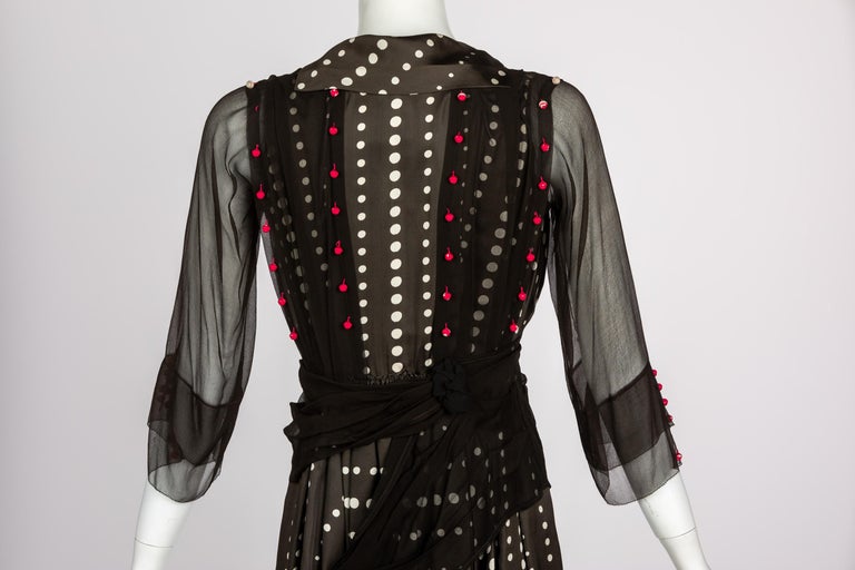 Vintage 1920s Black White Silk Dot Magenta Pom Pom Draped Dress For ...