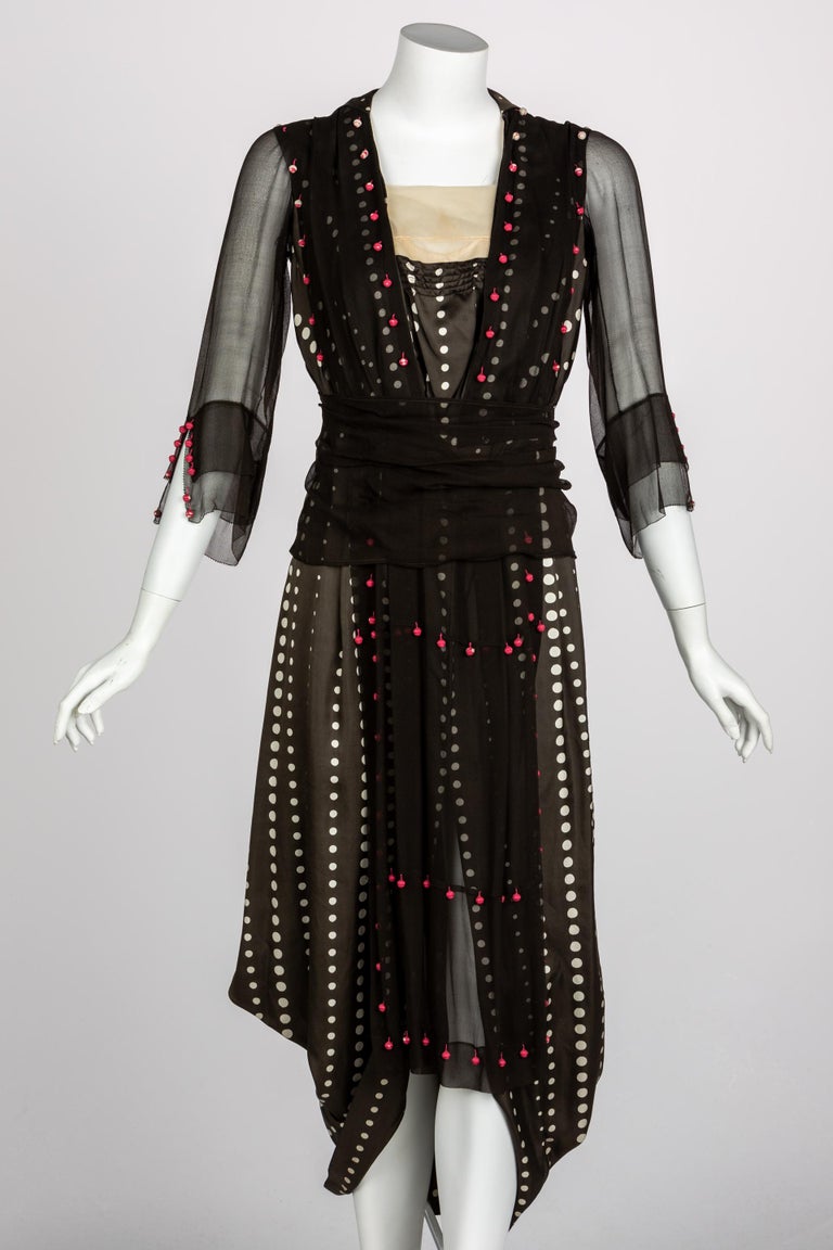 Vintage 1920s Black White Silk Dot Magenta Pom Pom Draped Dress For ...
