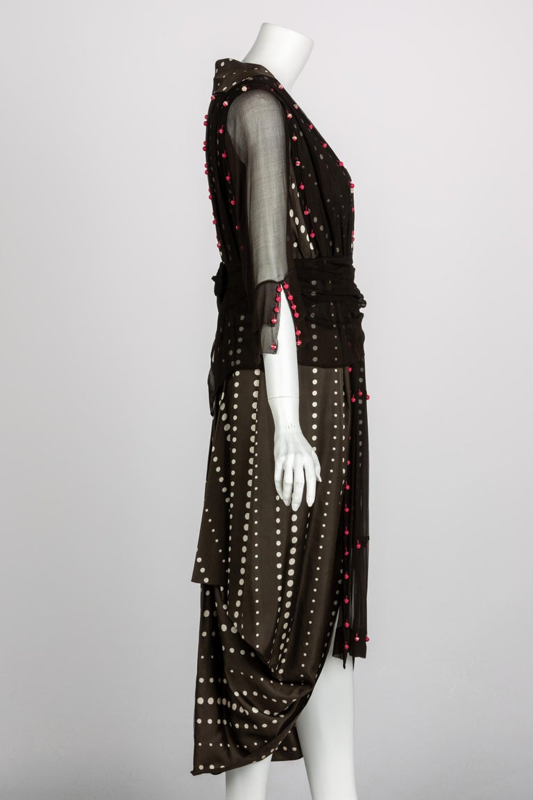 Vintage 1920s Black White Silk Dot Magenta Pom Pom Draped Dress For ...