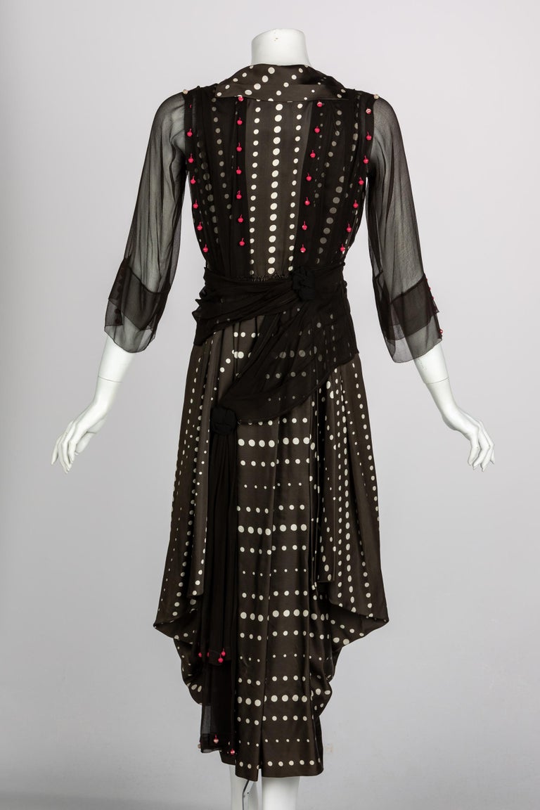Vintage 1920s Black White Silk Dot Magenta Pom Pom Draped Dress For ...