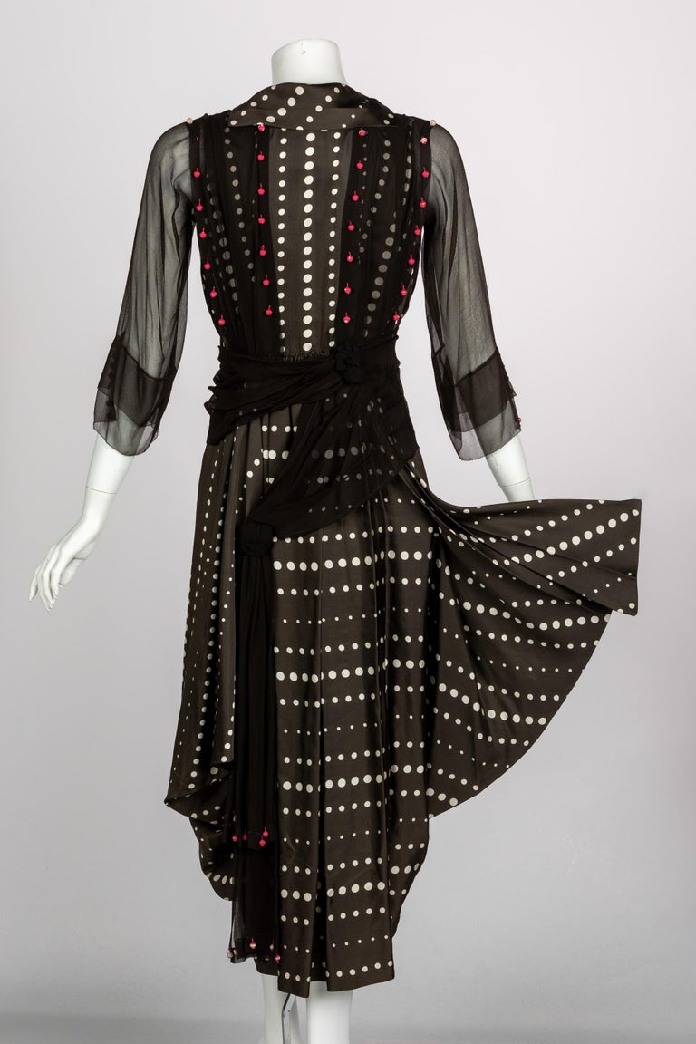 Vintage 1920s Black White Silk Dot Magenta Pom Pom Draped Dress For ...