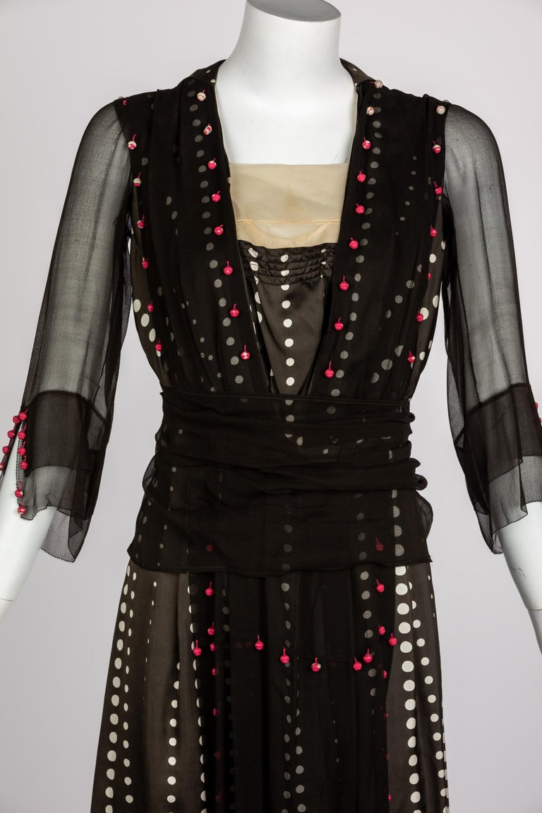 Vintage 1920s Black White Silk Dot Magenta Pom Pom Draped Dress For ...