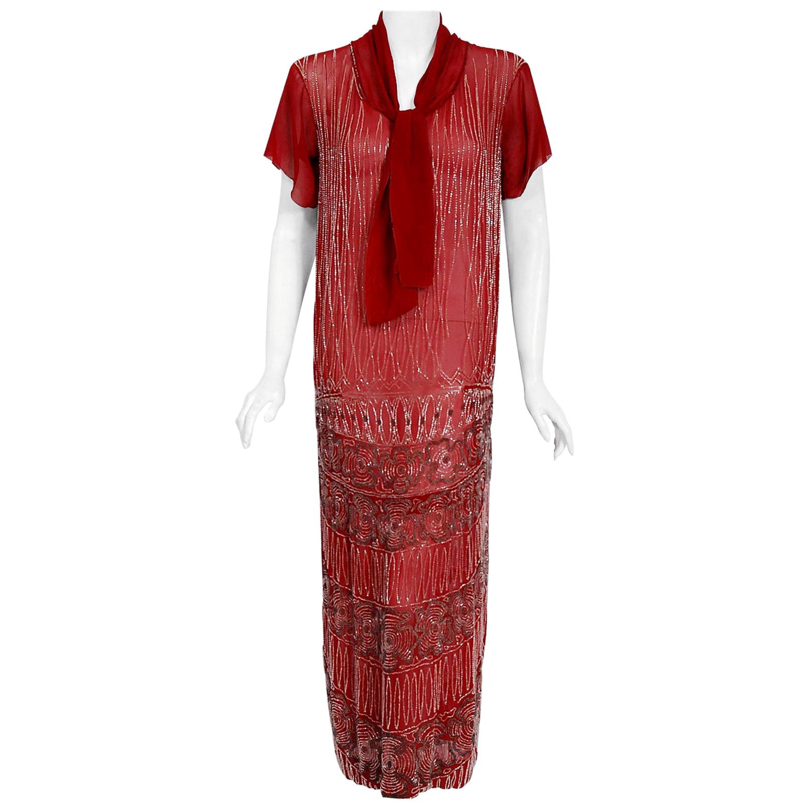 Incredible Lipstick Red Silk Sequin Beaded Flapper Style Vintage ...