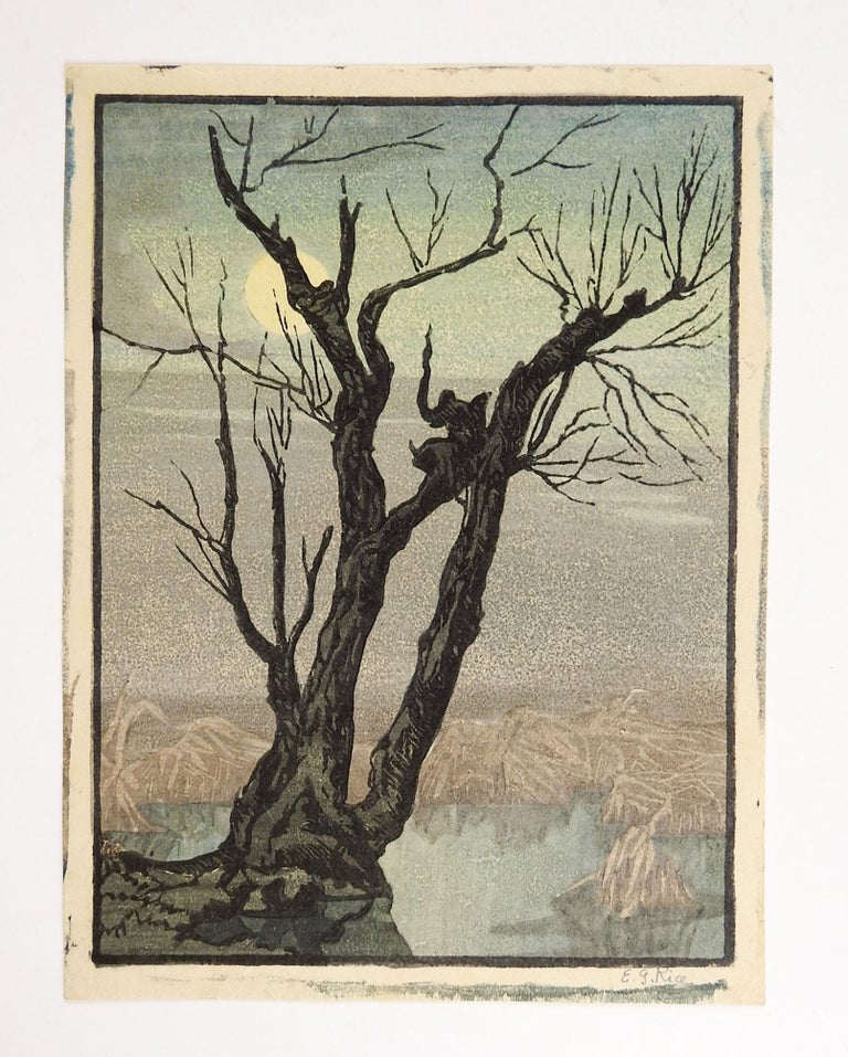 Vintage 1920s Mountains and Tree Evening Woodblock For Sale at 1stDibs
