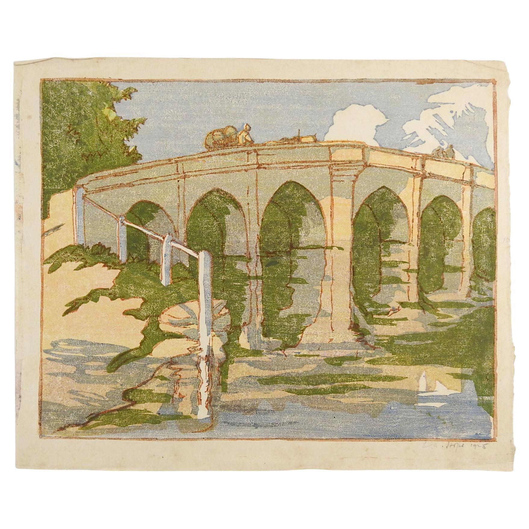 Vintage 1925 Stone Bridge Woodcut Print by Edith A. Hope at 1stDibs