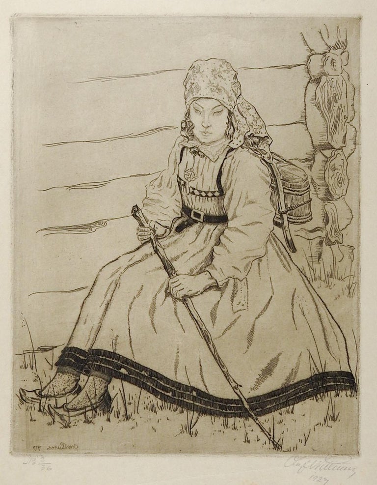 Vintage 1927 Norwegian Girl Etching by Olof Abrahamsen Willums For Sale ...