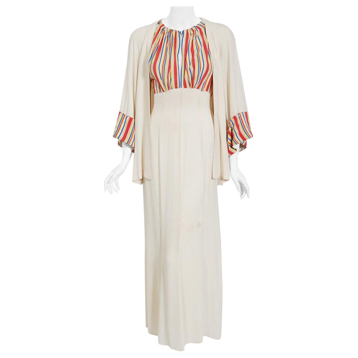 1970S White and Beige Silk Faille Beaded Bodice Minimalist Evening Gown ...