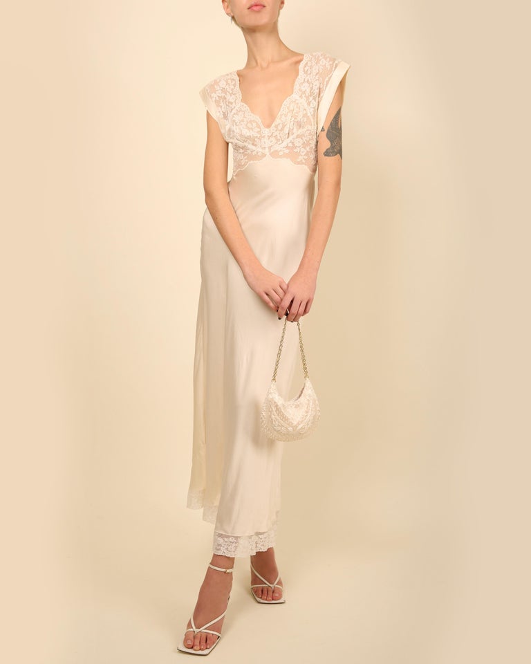 Vintage 1930s cream ivory silk floral lace maxi wedding slip night gown ...