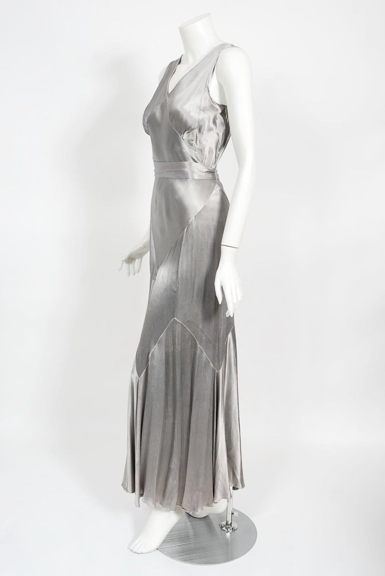 Vintage 1930's Old Hollywood Silver Satin Bias-Cut Gown and Flutter ...