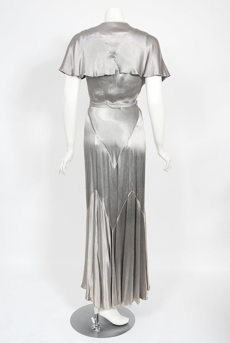 Vintage 1930's Old Hollywood Silver Satin Bias-Cut Gown and Flutter ...