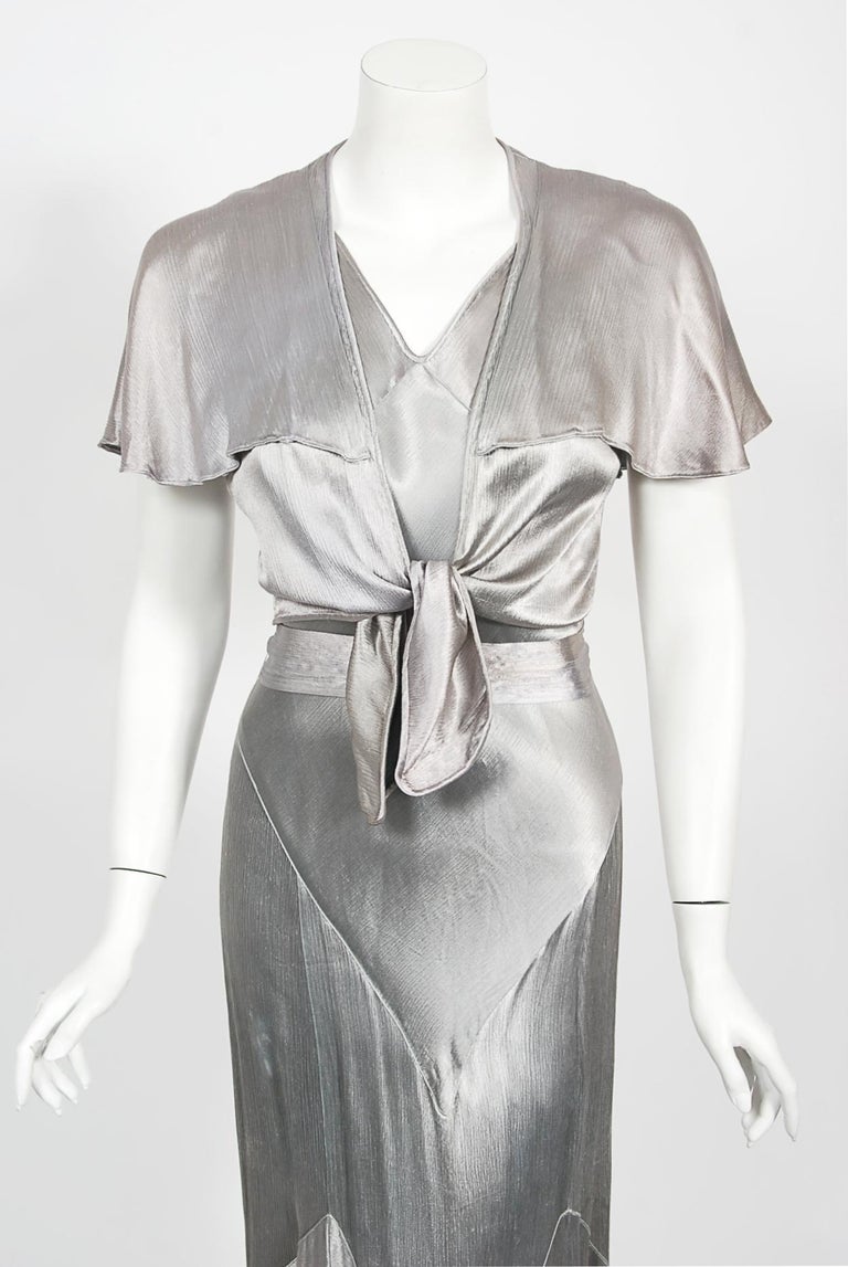 Vintage 1930's Old Hollywood Silver Satin Bias-Cut Gown and Flutter ...