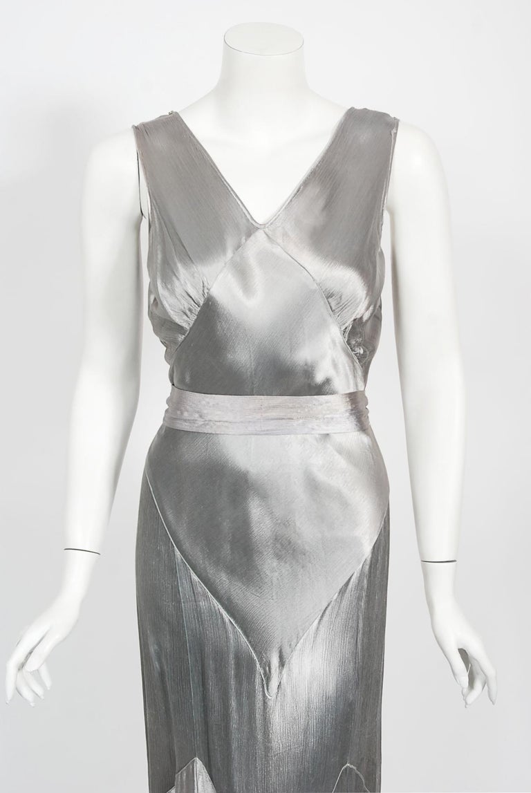 Vintage 1930's Old Hollywood Silver Satin Bias-Cut Gown and Flutter ...