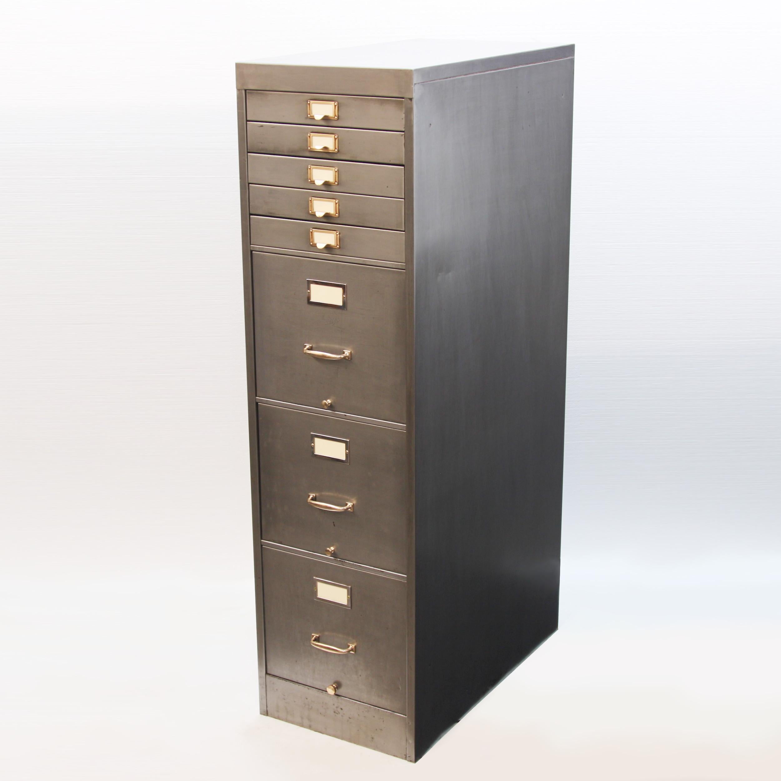 Vintage 1930s Raw Steel and Brass Industrial Metal 8-Drawer File ...