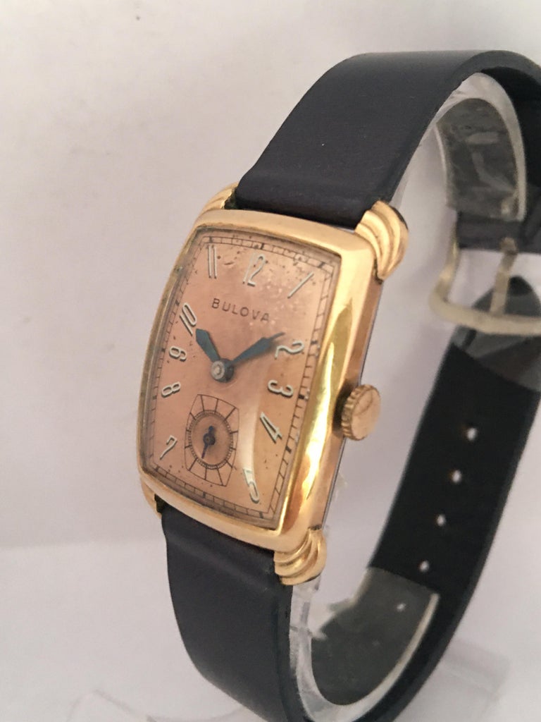 Vintage 1940s Bulova Rectangular Curved Rolled Gold and Stainless Steel ...