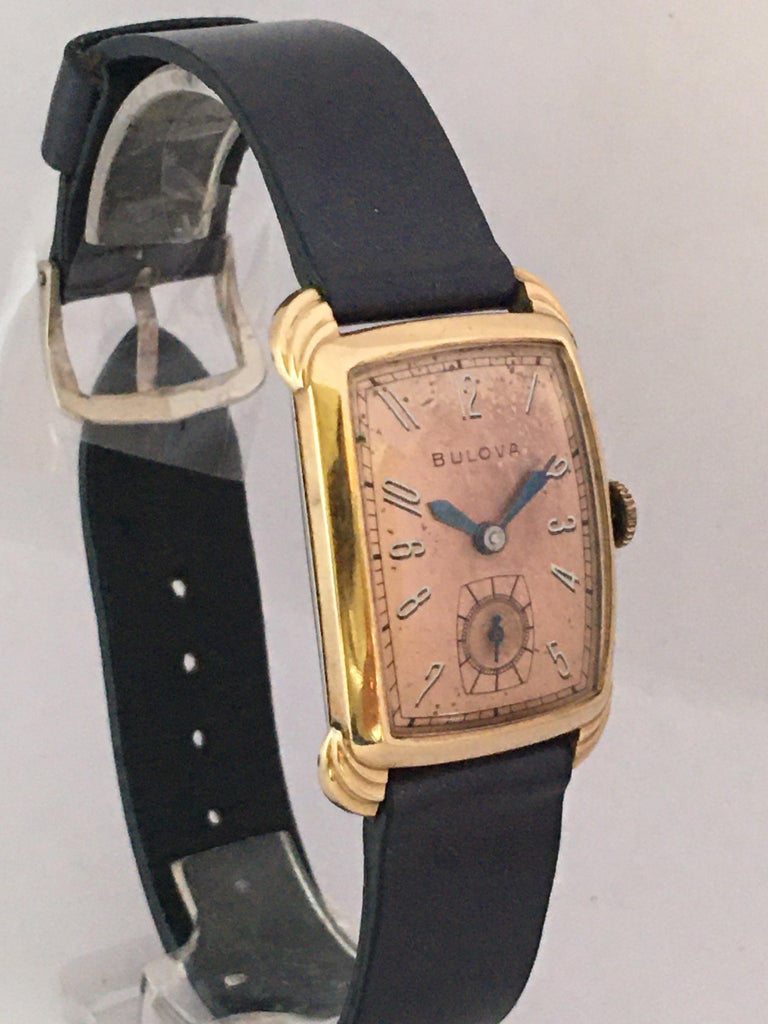 Vintage 1940s Bulova Rectangular Curved Rolled Gold and Stainless Steel ...