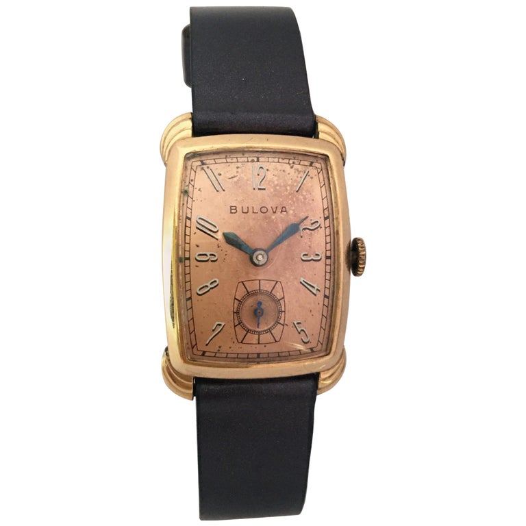 Vintage 1940s Bulova Rectangular Curved Rolled Gold and Stainless Steel ...