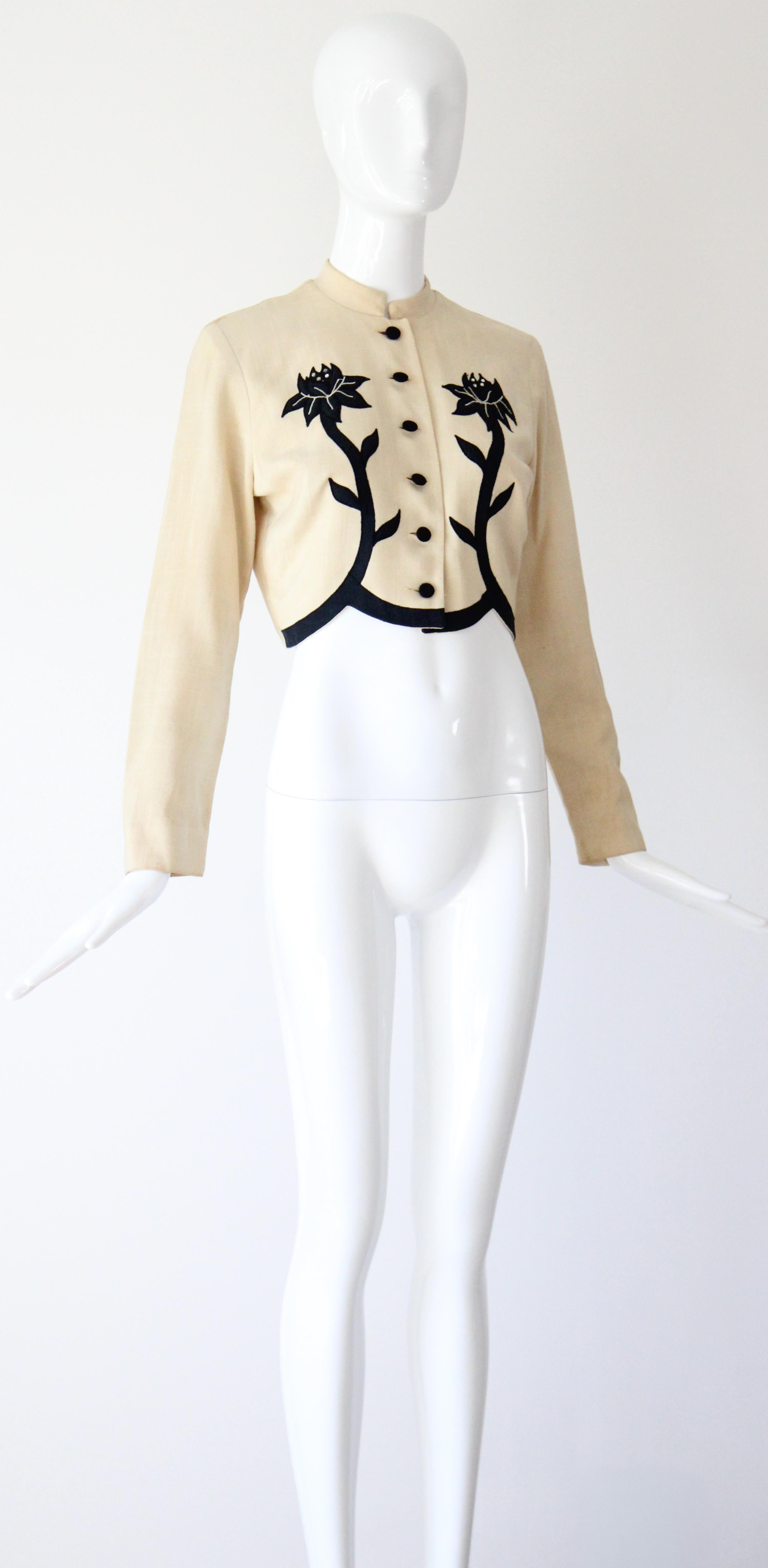 Vintage 1940's Cream Linen Jacket Black Floral Appliqués Jacket UK 10 ...