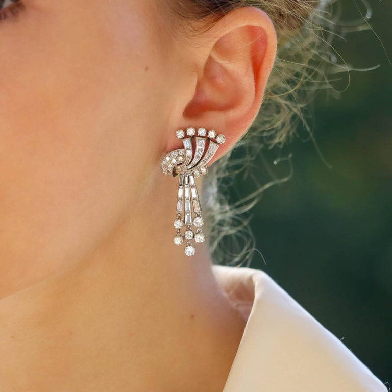 Vintage 1940's Deco Inspired Diamond Drop Earrings at 1stDibs