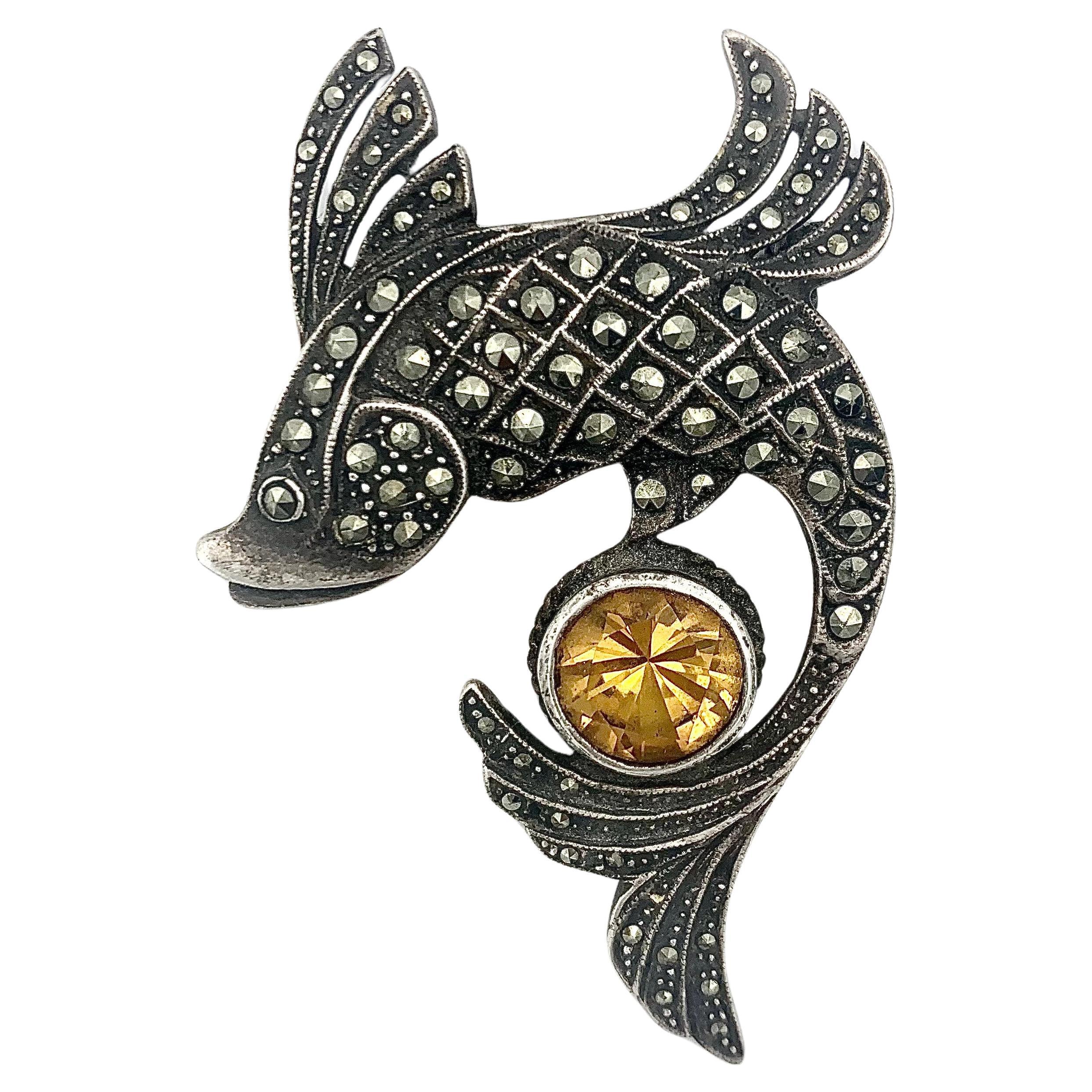 Vintage 1940's Flying Fish Brooch Sterling Silver Marcasites Orange ...