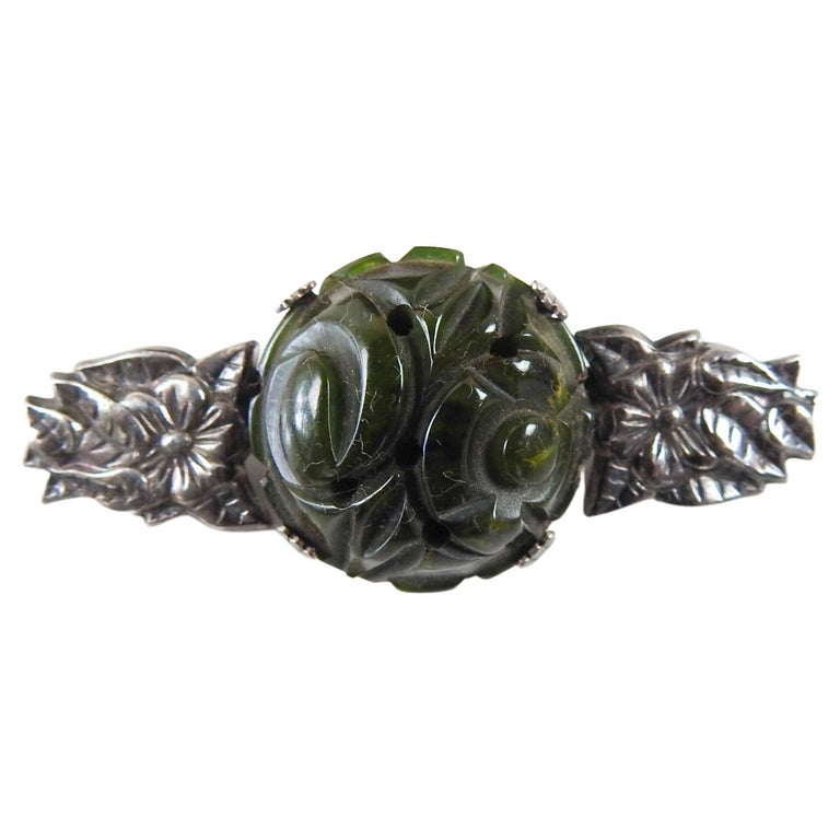 Vintage 1940's Green Carved Bakelite and Silver Plate Floral Brooch For ...