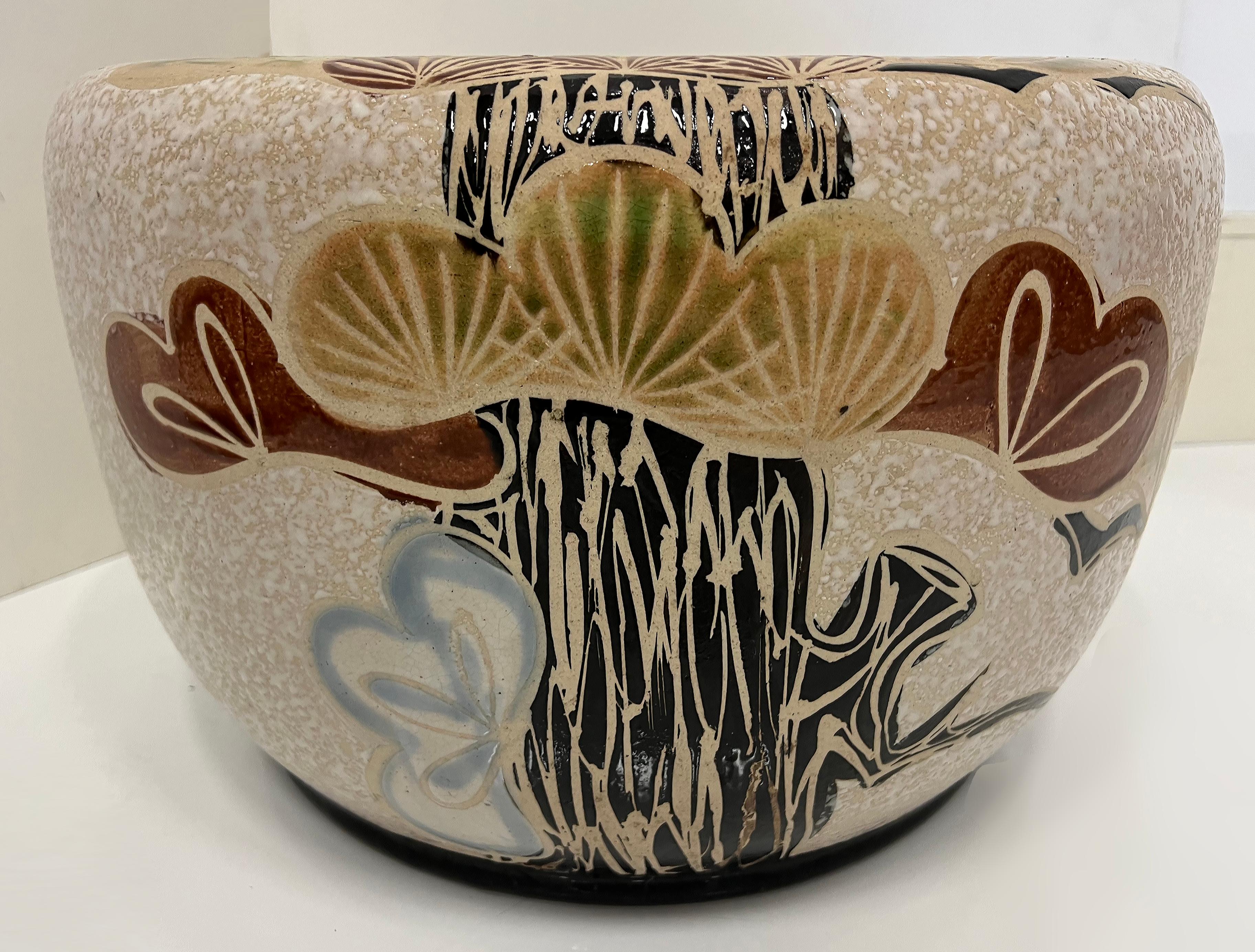 Vintage 1940s Hand-painted Japanese Terracotta Planter For Sale at 1stDibs